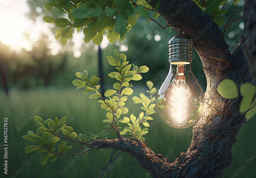 The concept of green energy or alternative energy. A tree with electric ...