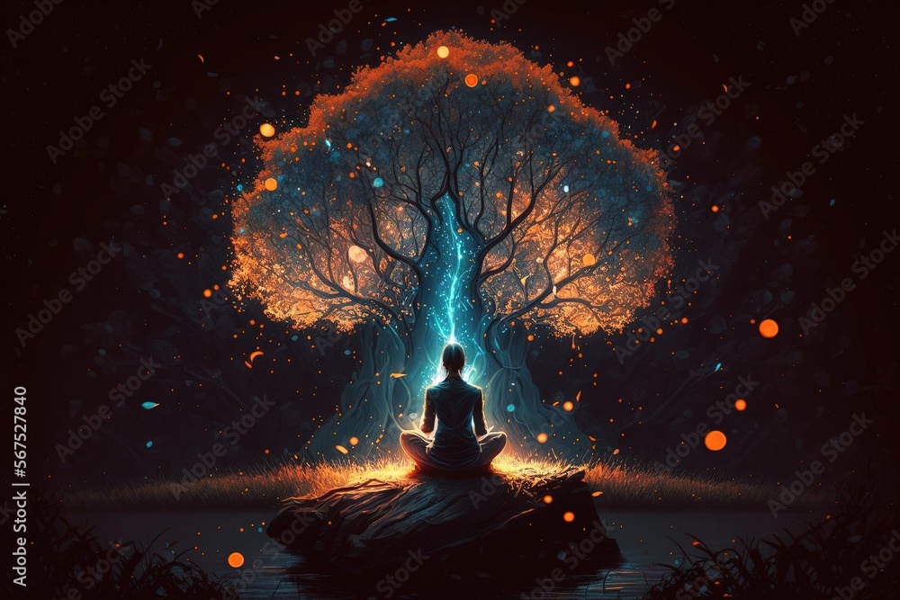 Human sitting in a meditation position under a tree. Light Particles ...