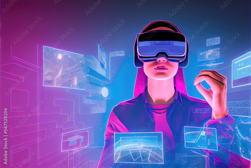 Women in the metaverse - adult female wearing VR headset and accessing digital AR overlays in a ...
