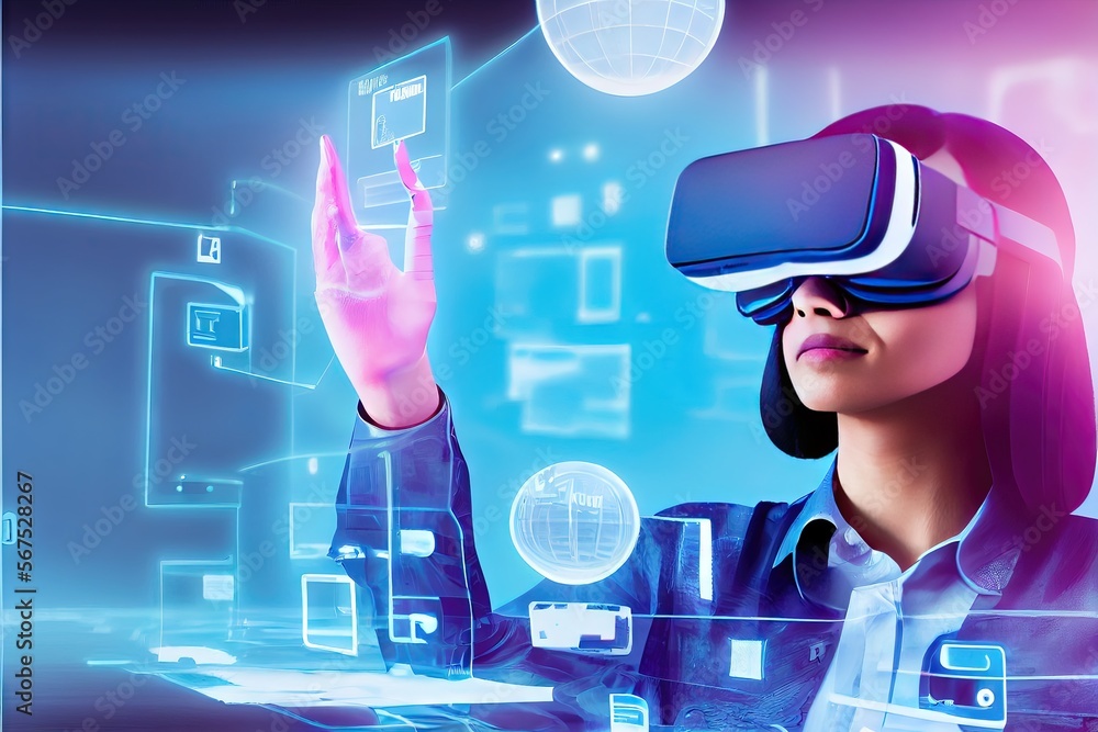 Women in the metaverse - adult female wearing VR headset and accessing digital AR overlays in a ...