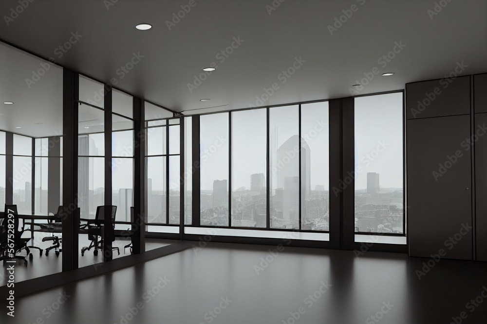 Side view on modern office interior design development with meeting ...