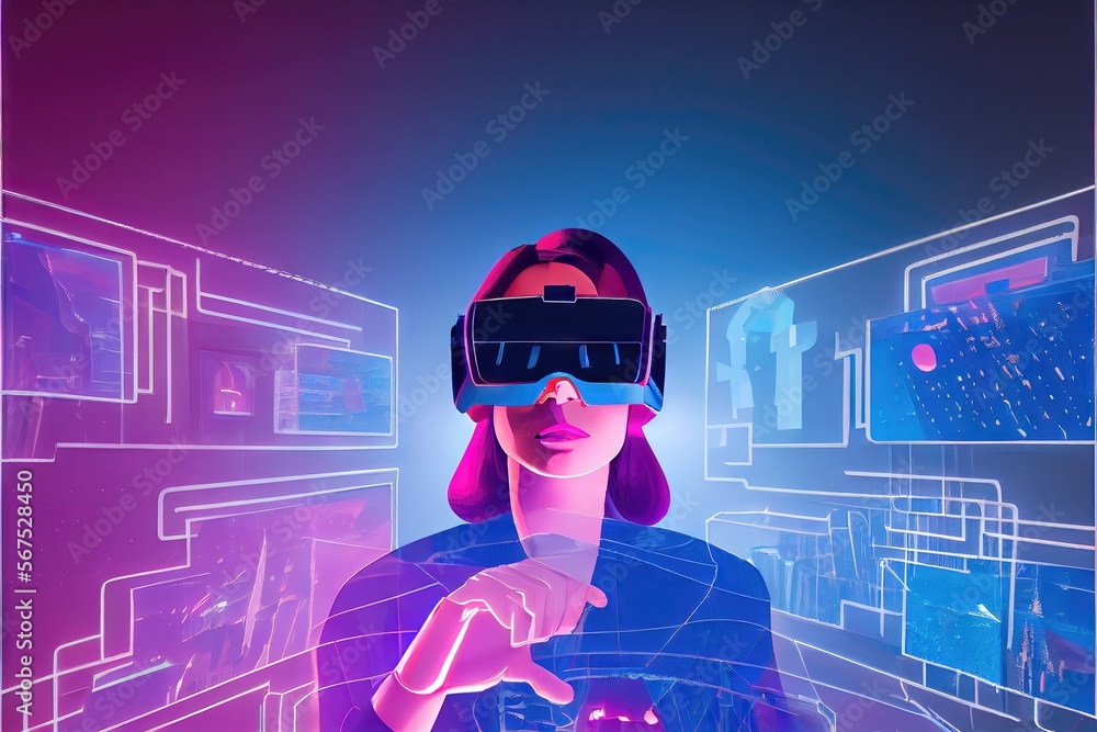 Women in the metaverse - adult female wearing VR headset and accessing ...