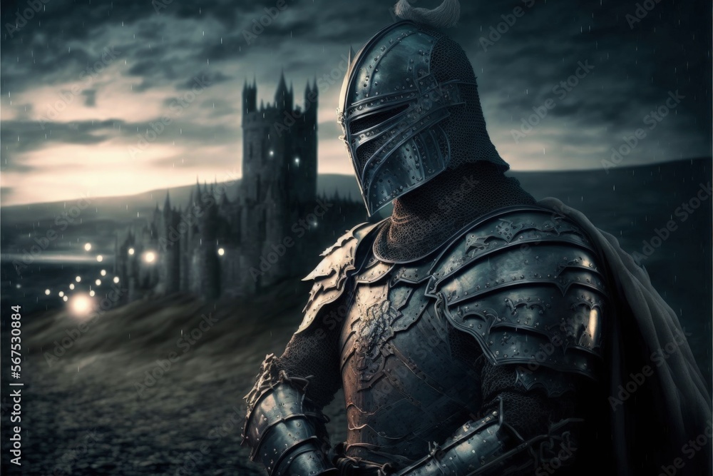 Medieval knight with armor, castle guard, castle in the background ...