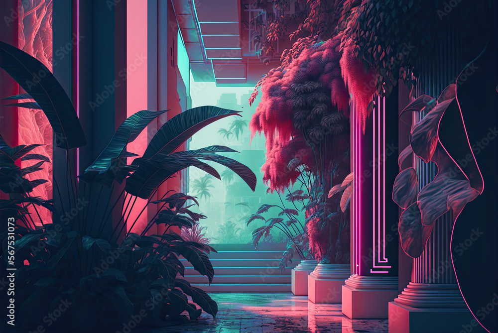 Trendy retrofuturistic plants interior in vaporwave style in 80s-90s ...