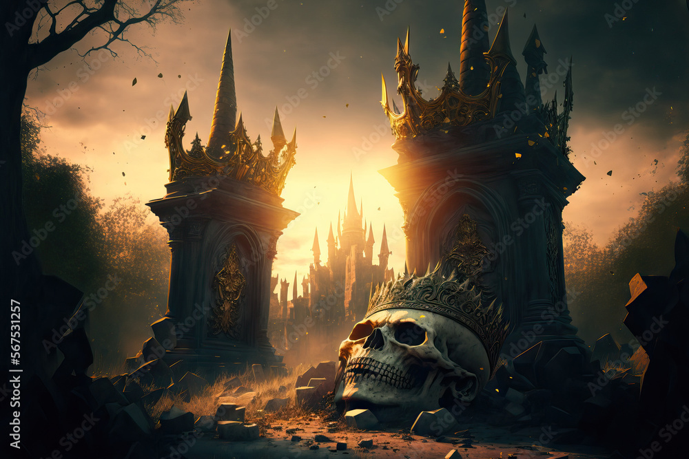 ภาพประกอบสต็อก Golden royal crown over graveyard in background. fallen ...