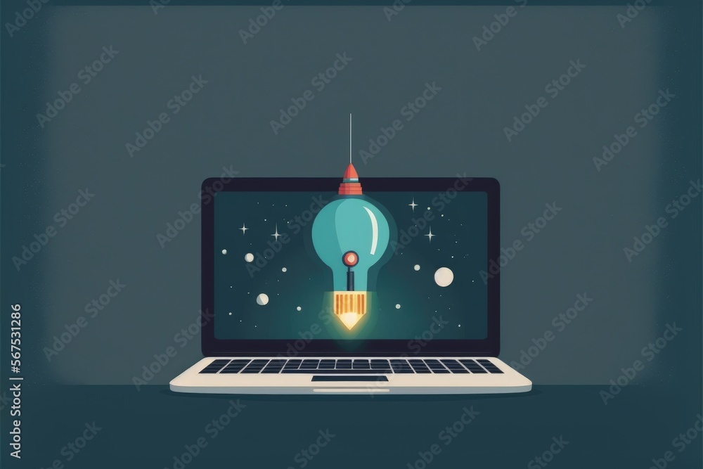 Illustration of light bulb coming out of laptop screen, ideas and ...