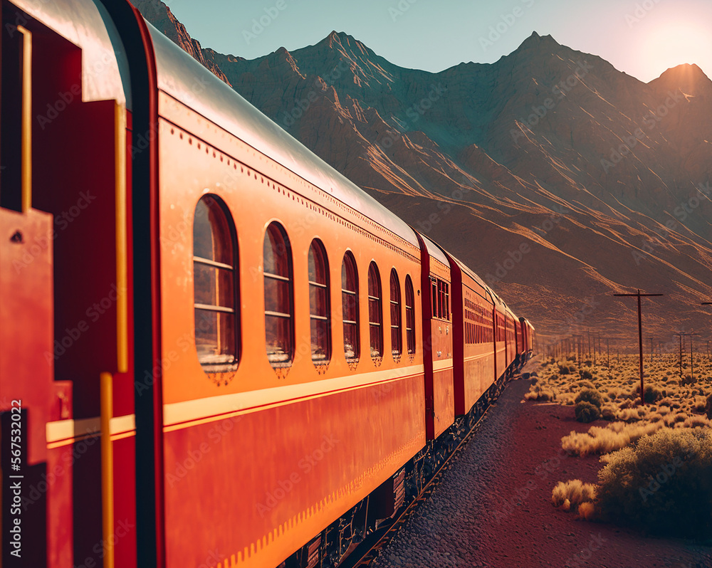 Red train in the beautiful summer mountains. Illustration Generative AI ...