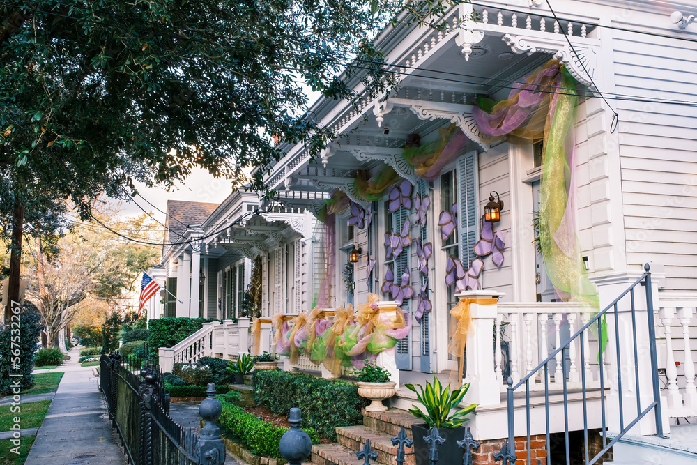 Row of Historic Shotgun Double Houses with Mardi Gras Decorations in ...
