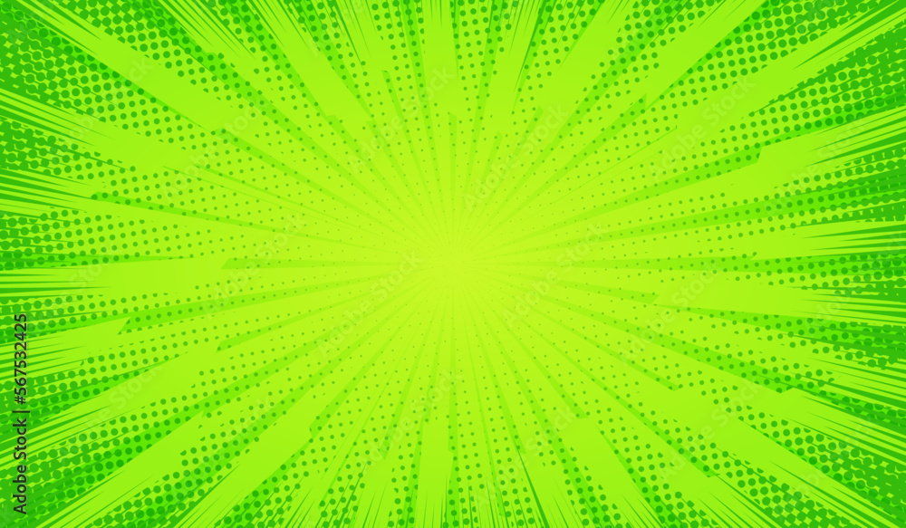 Green comics background. Abstract lines backdrop. Bright sunrays ...