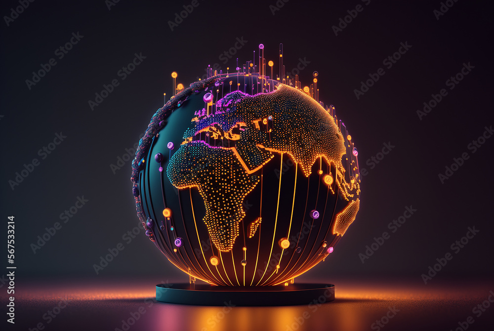 Cyber network with neon dots and lines, global network concept, earth ...