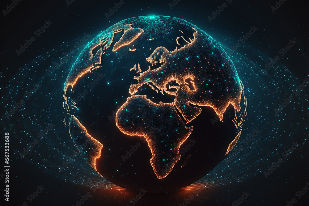 Cyber network with neon dots and lines, global network concept, earth ...