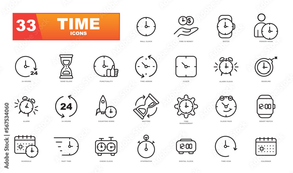 Time and clock line icons set. Icon collection contain: timer, speed ...