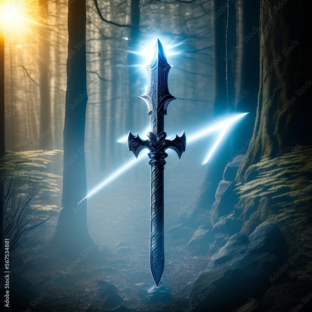 High contrast image of Excalibur, stone sword with light rays and dust ...