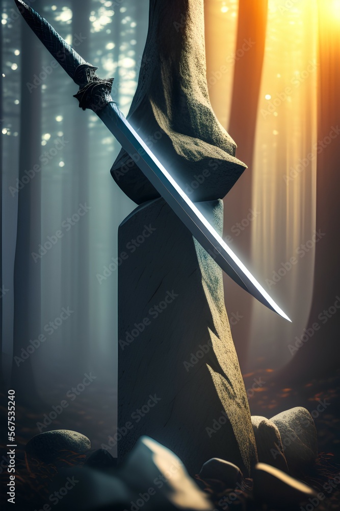 High contrast image of Excalibur, stone sword with light rays and dust ...
