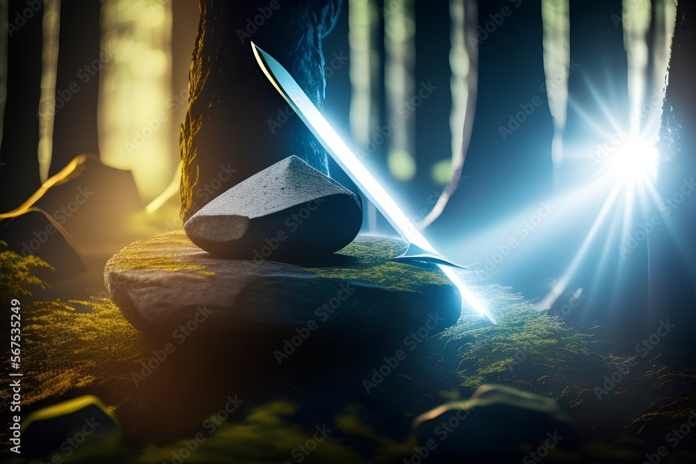 High contrast image of Excalibur, stone sword with light rays and dust ...