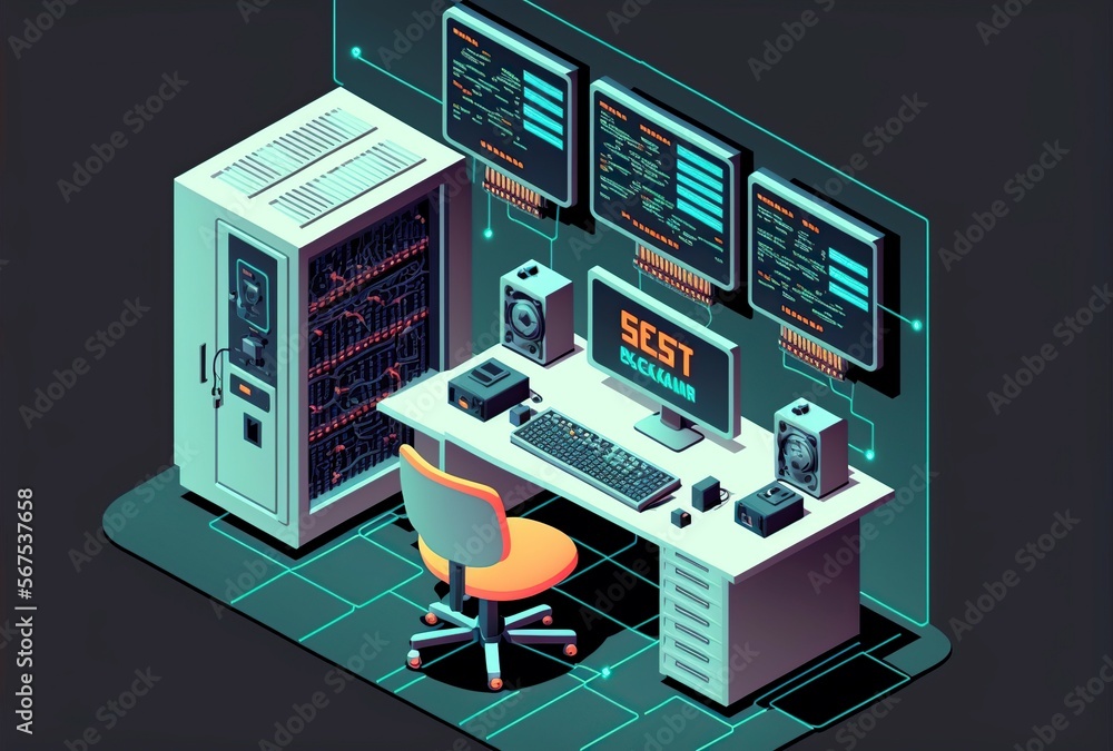 cartoon illustration, data center room with server hardware, chairs and ...