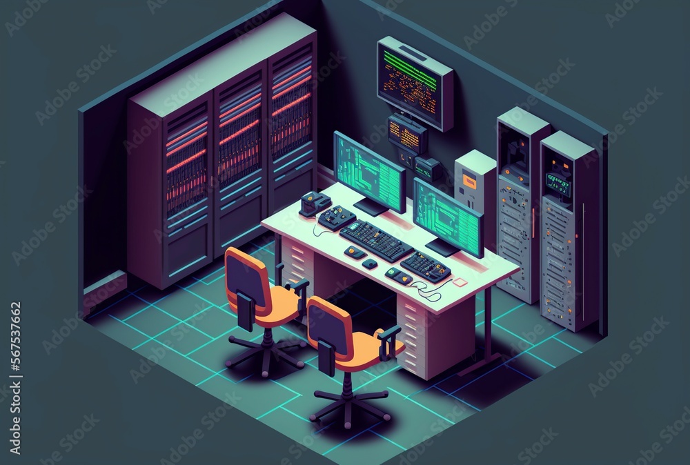 cartoon illustration, data center room with server hardware, chairs and ...