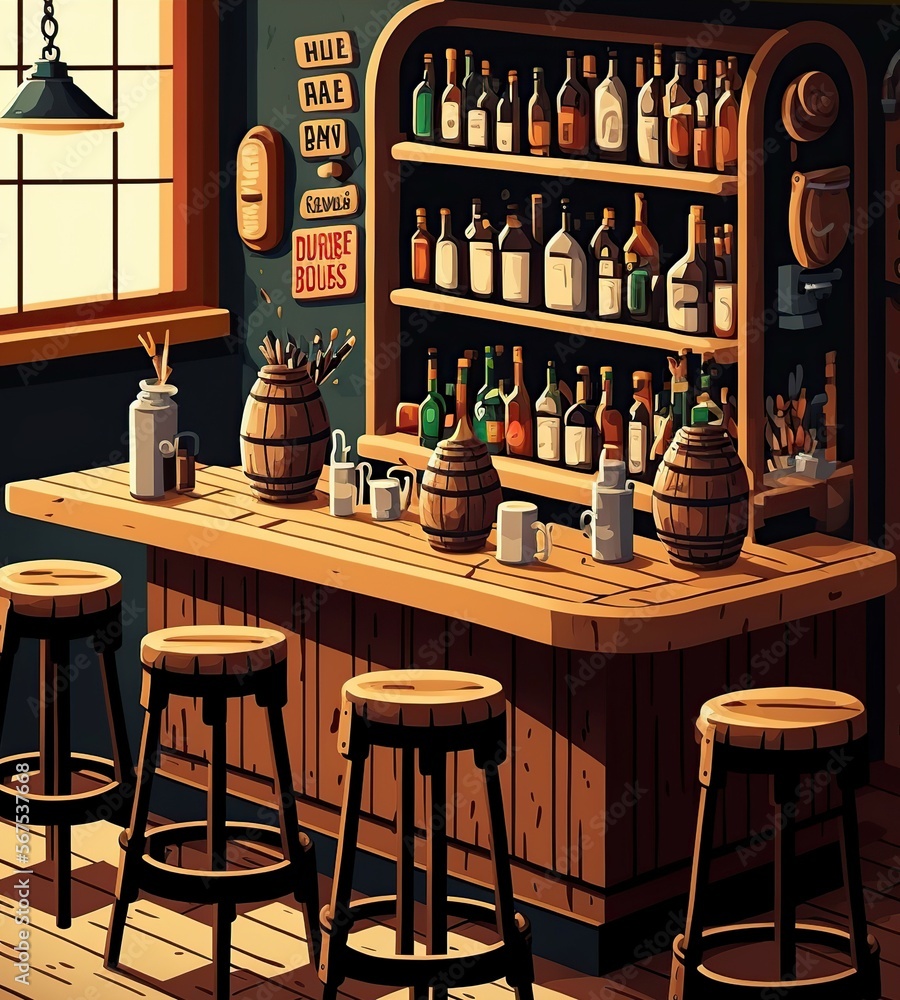 cartoon illustration, bar with beer pumps, wooden counter and bottles ...
