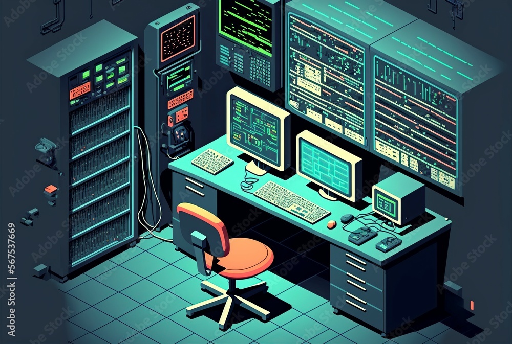 cartoon illustration, data center room with server hardware, chairs and ...
