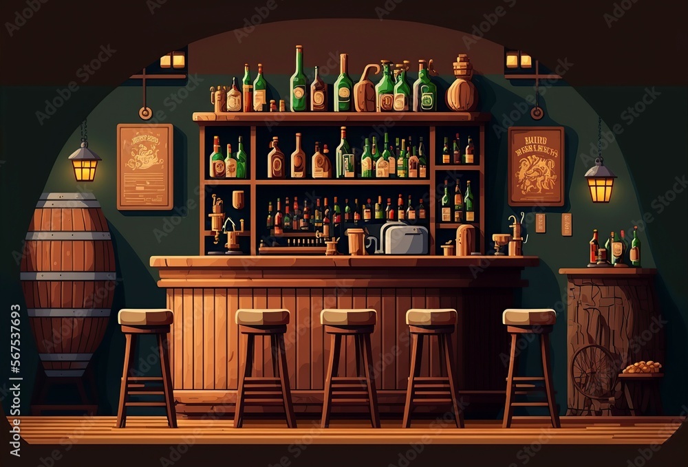 cartoon illustration, bar with beer pumps, wooden counter and bottles ...