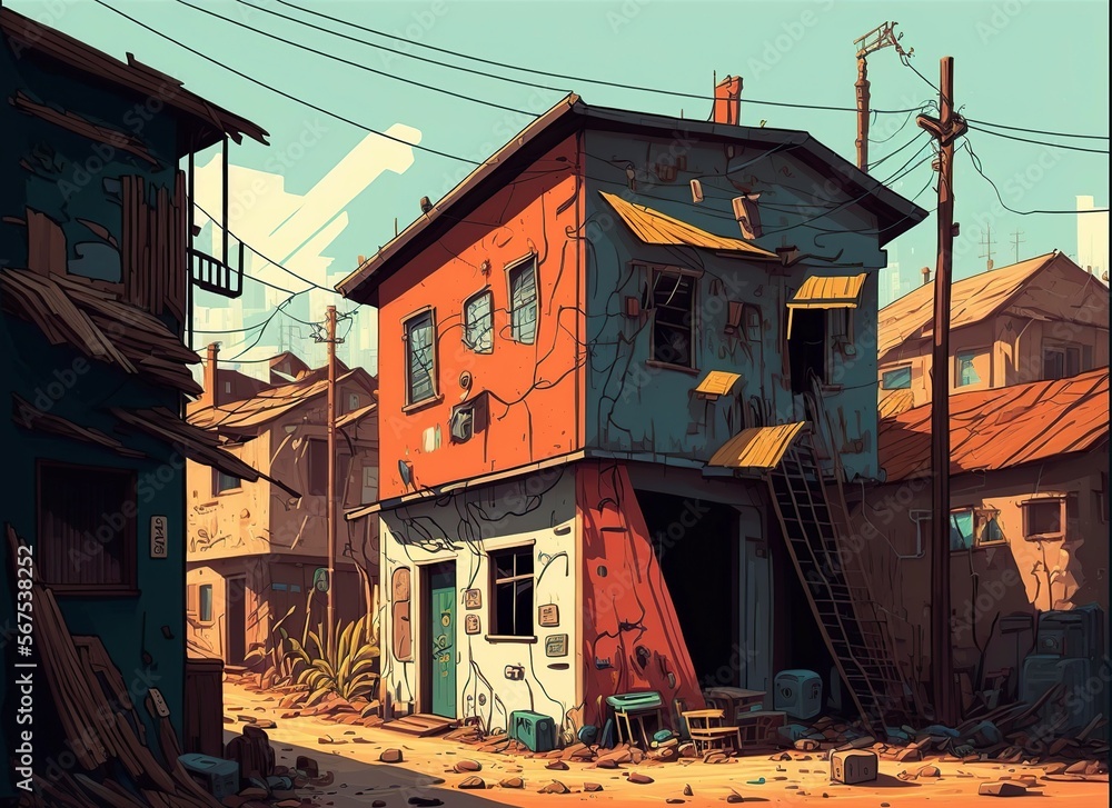 cartoon illustration, ghetto street with poor and dirty houses ...