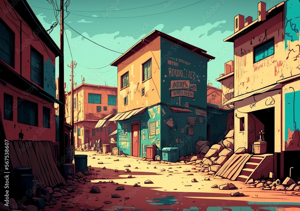 cartoon illustration, ghetto street with poor and dirty houses ...