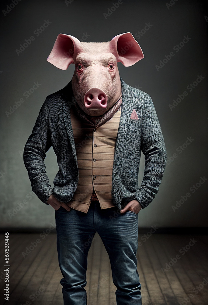 Pig with a human body wearing business suit, surreal Chimera Hybrid ...