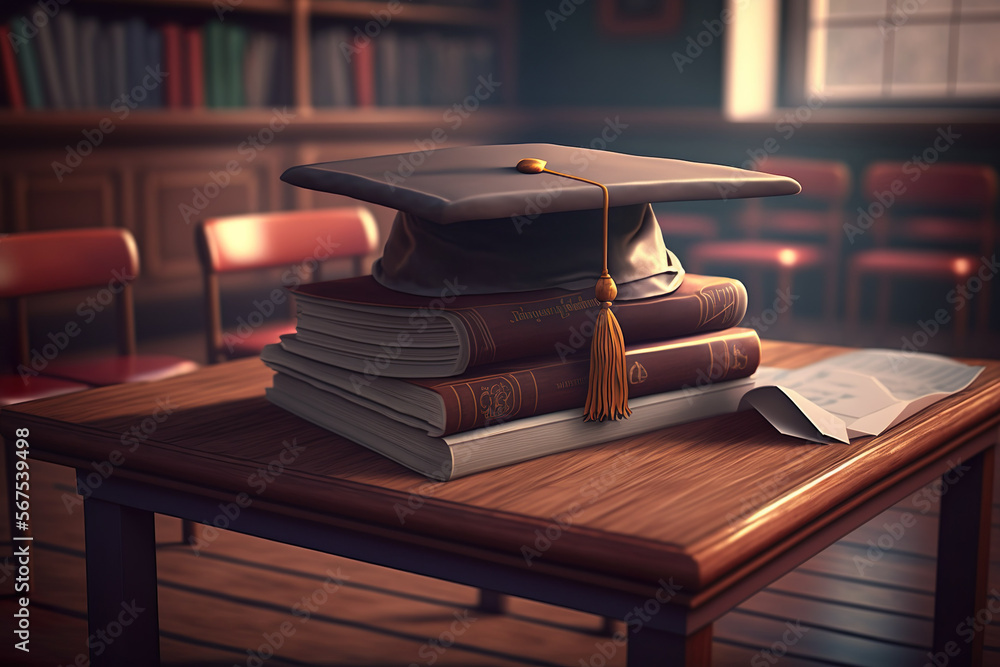 Graduation cap over the pile of books. Graduation concept. Generative ...