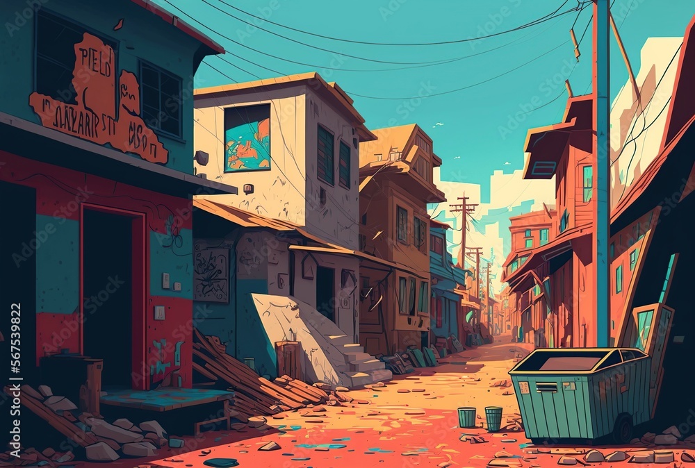cartoon illustration, ghetto street with poor and dirty houses ...