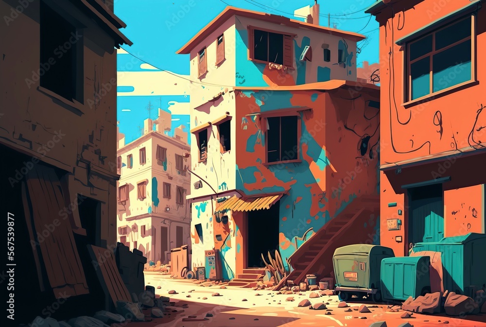 cartoon illustration, ghetto street with poor and dirty houses ...