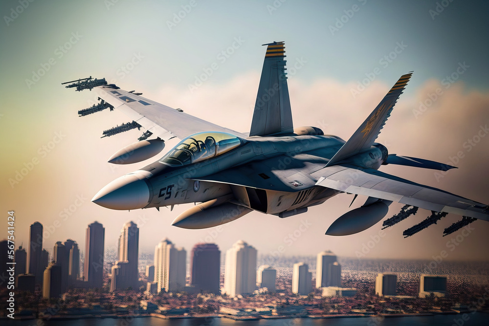 Flight of an F 18 Maverick Top Gun aircraft above San Diego, California ...