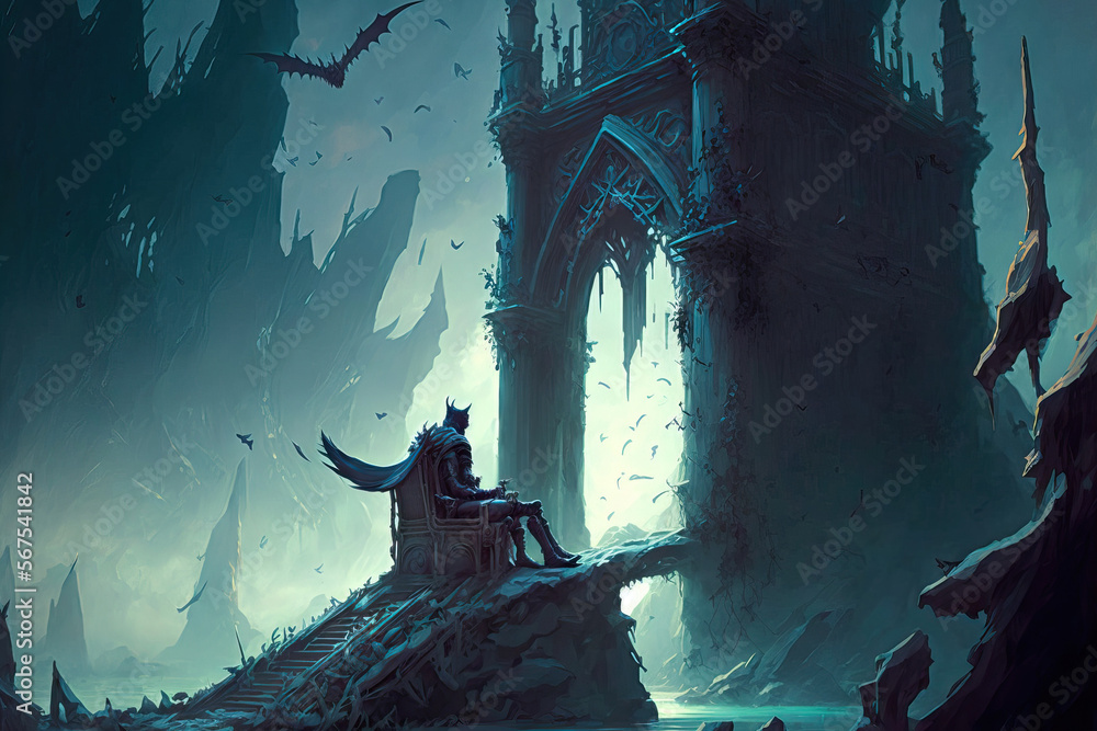 Fantasy illustration of a castle ruin with a mystery undead ghost ruler ...