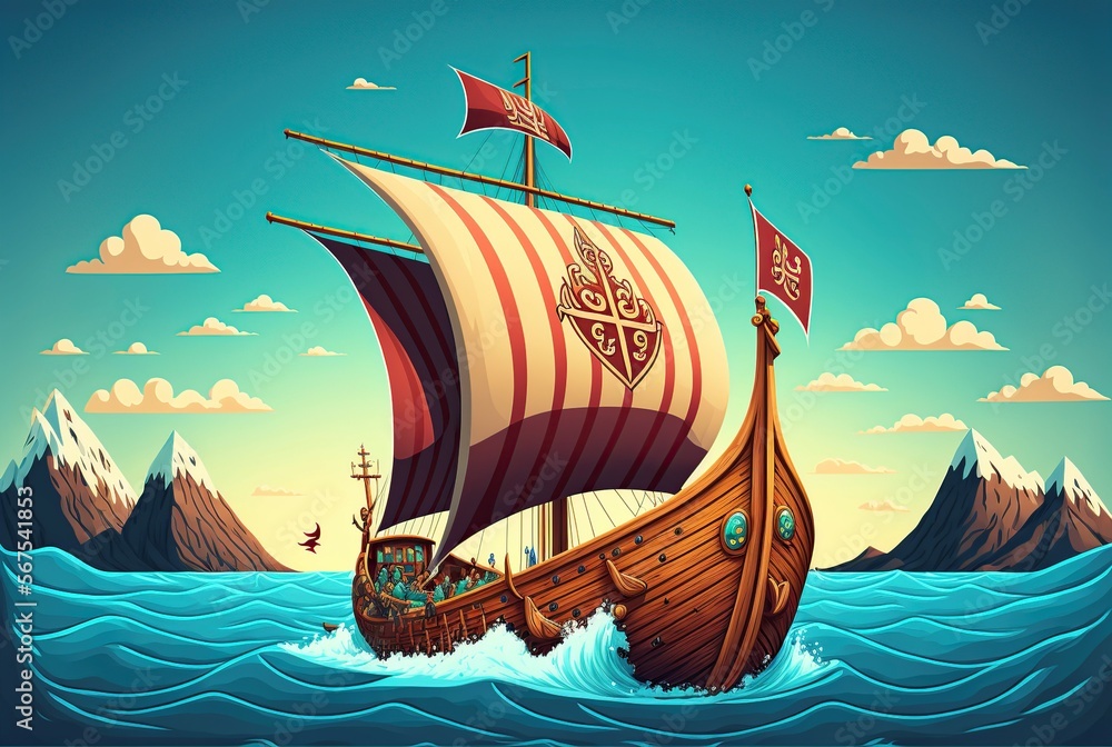 cartoon illustration, an old wooden viking ship sailing in the sea, ai ...