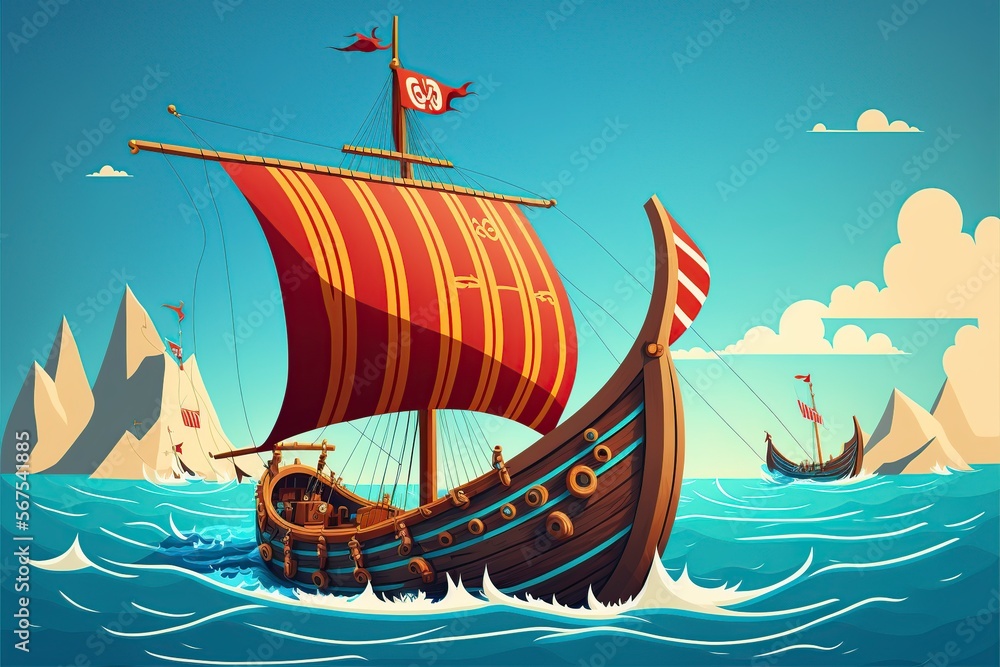 cartoon illustration, an old wooden viking ship sailing in the sea, ai ...