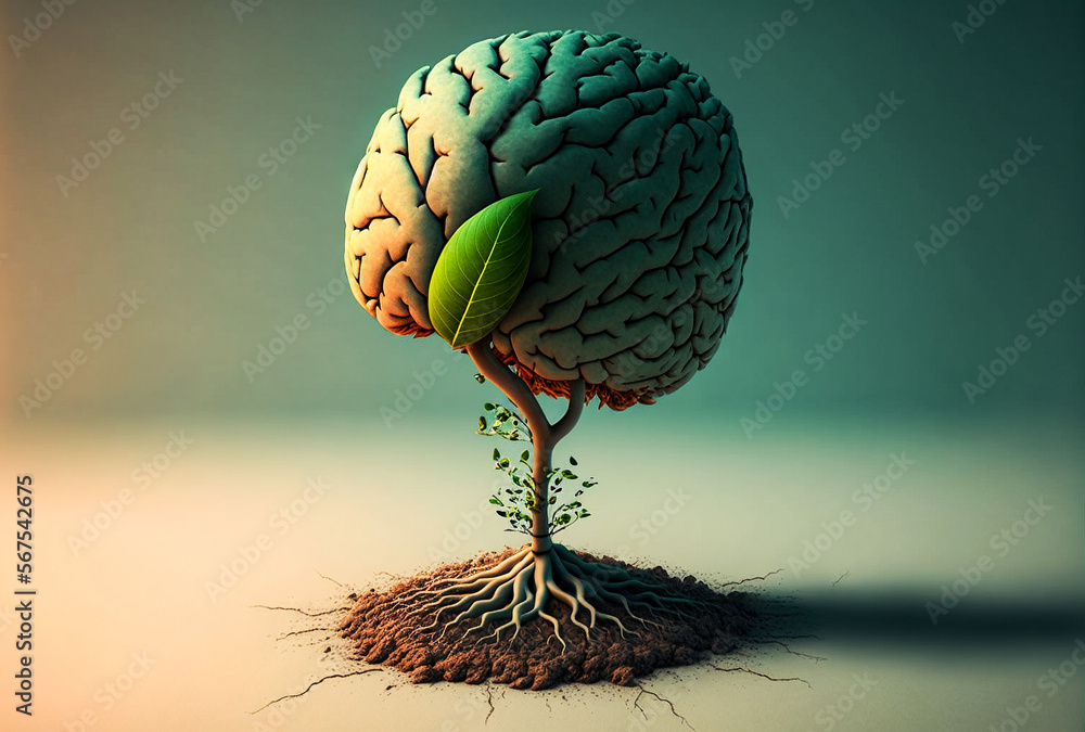 Human brain isolated growing from a plant root with a leaf. Generative ...