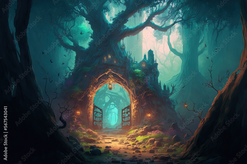 Elven kingdom and an ancient fantastical surreal magical woodland ...