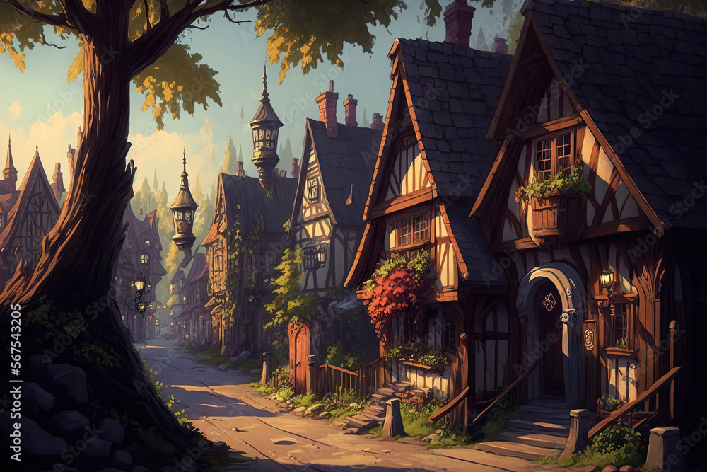 Fairy Tale Town, a small one. Fictional Setting concept painting ...