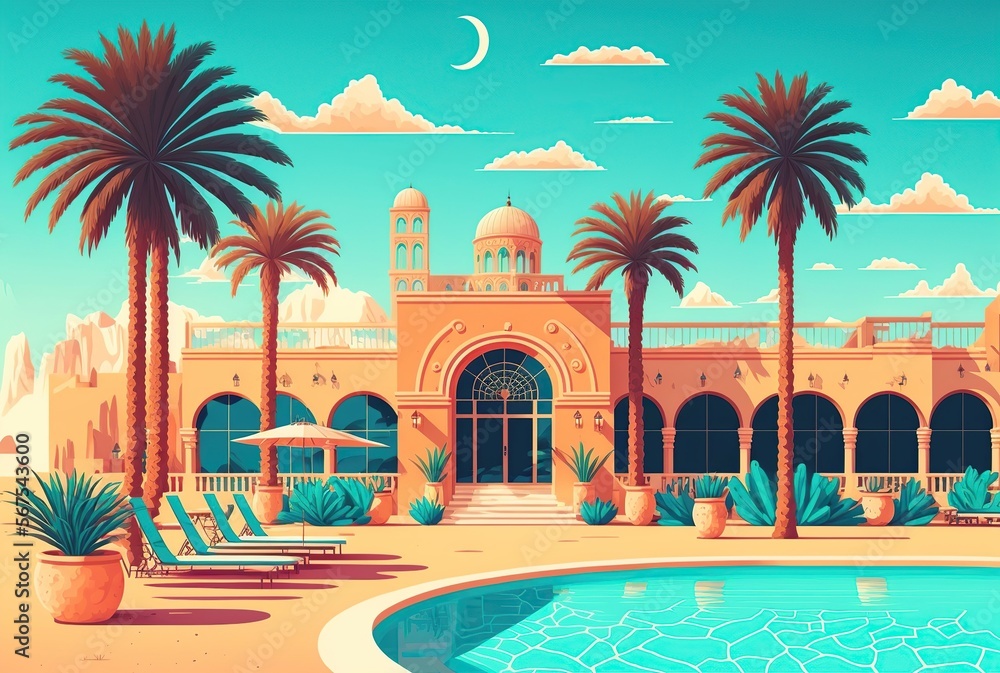 Ilustrace „cartoon illustration, outdoor swimming pool in a hotel and ...