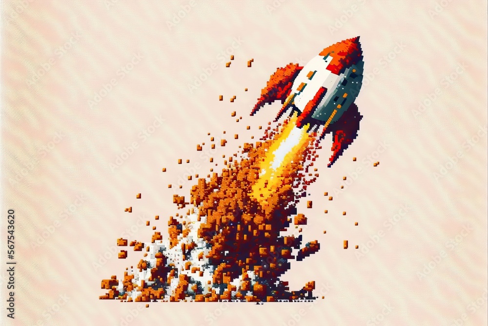 4K resolution or higher, 16 bit pixel art, powerful orange-red rocket ...