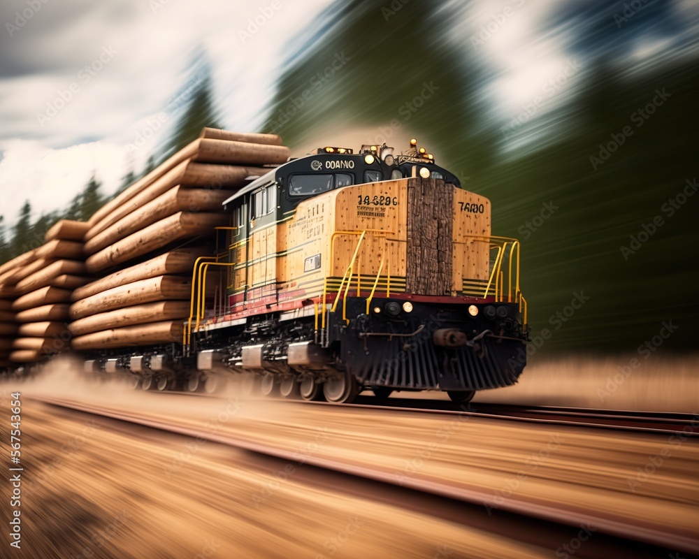 moving train with wagons loaded with timber created with Generative AI ...