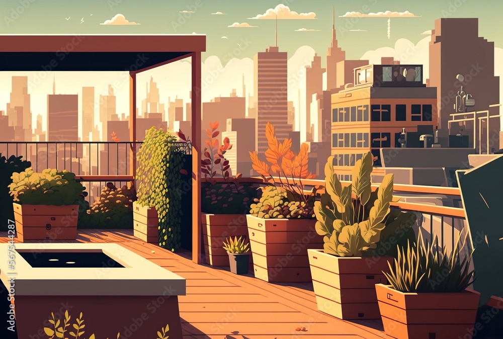 cartoon illustration, urban outdoor rooftop garden, building roof ...