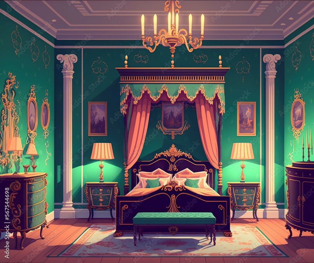 cartoon illustration, king or queen luxury interior bedroom in palace ...