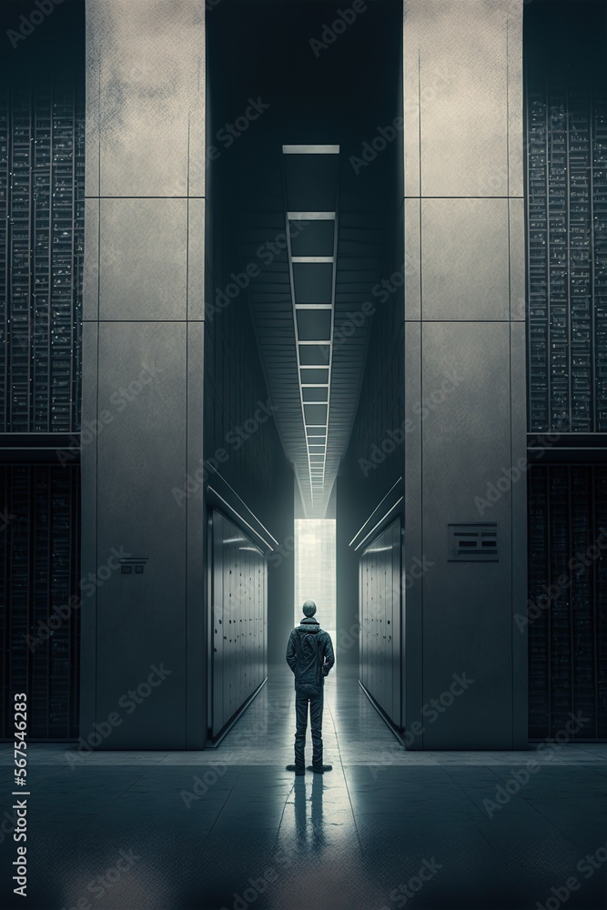 Suspicious man standing inside data center building hall. Generative AI ...