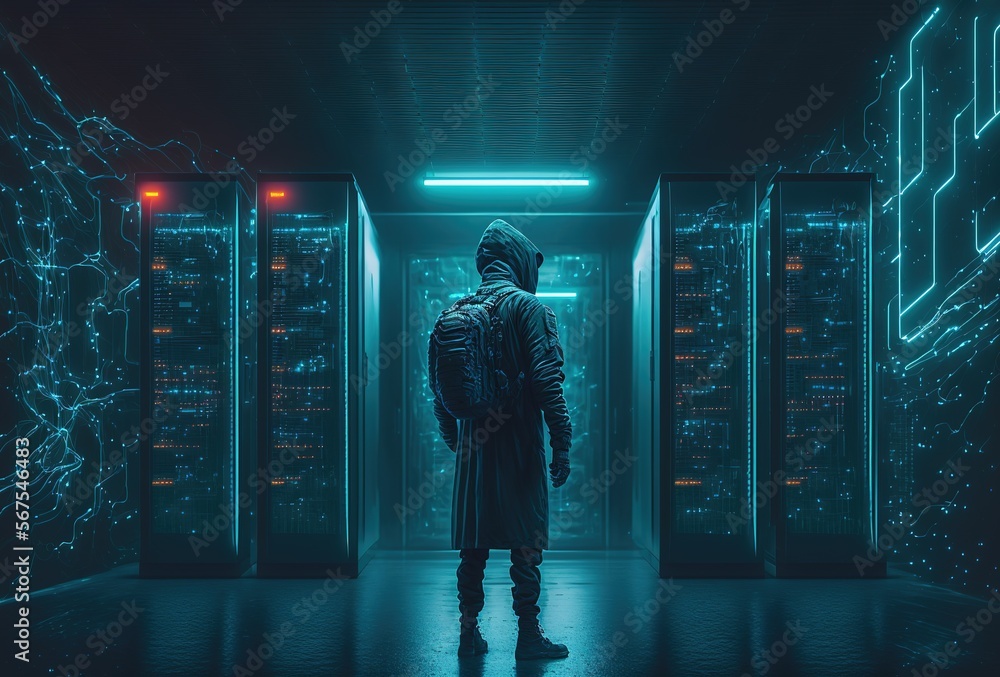 Suspicious man, standing inside data server room. Hacking concept ...