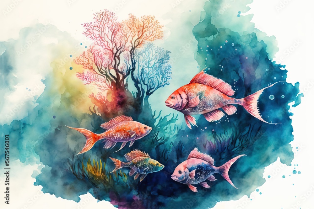 4K resolution or higher, watercolor fish swimming in a fantasy ...