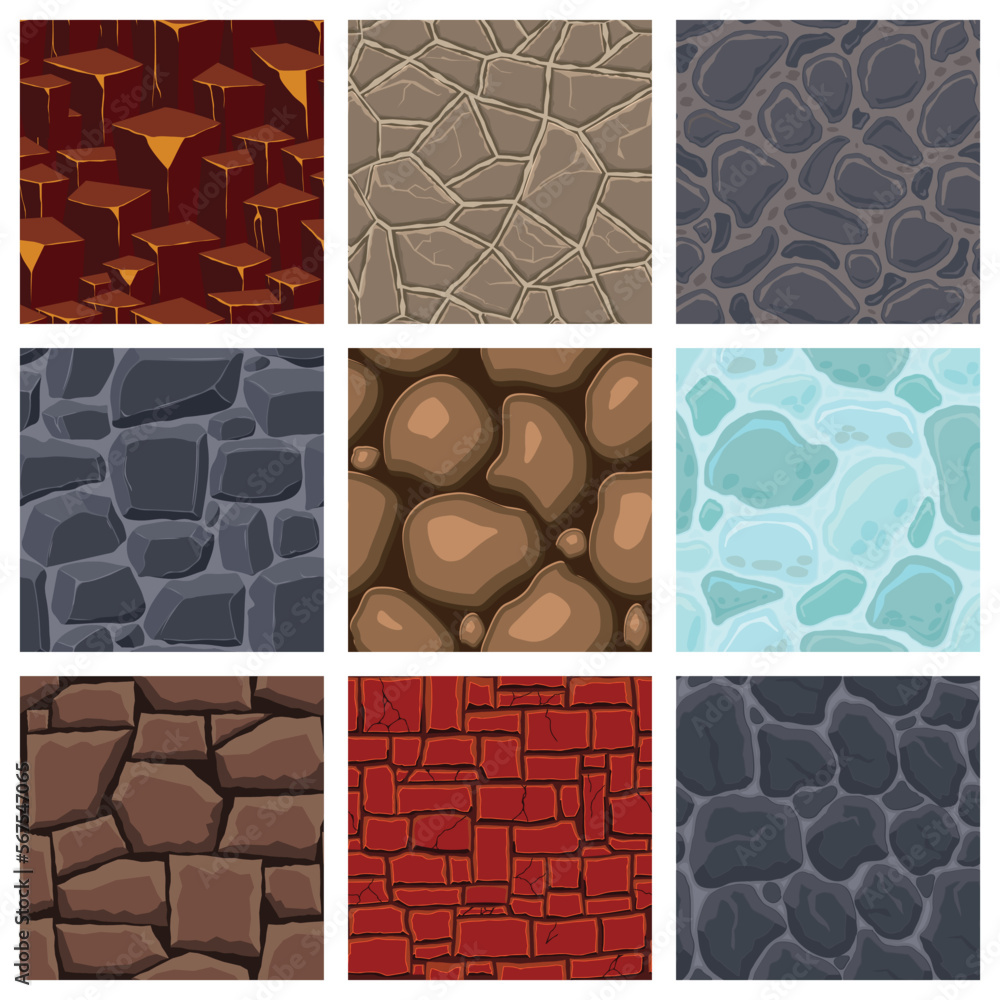 Cartoon game textures, lava, ice, rocks and brick, dirt and ground ...