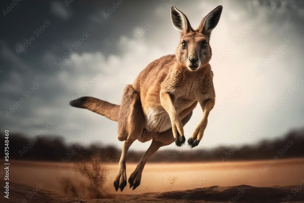 Front view of a kangaroo jumping and looking at the camera. Created ...