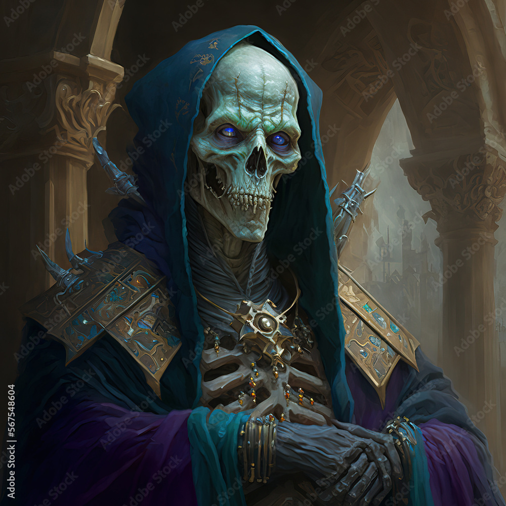 A detailed fantasy art of a man wearing a skeleton robe and hat ...