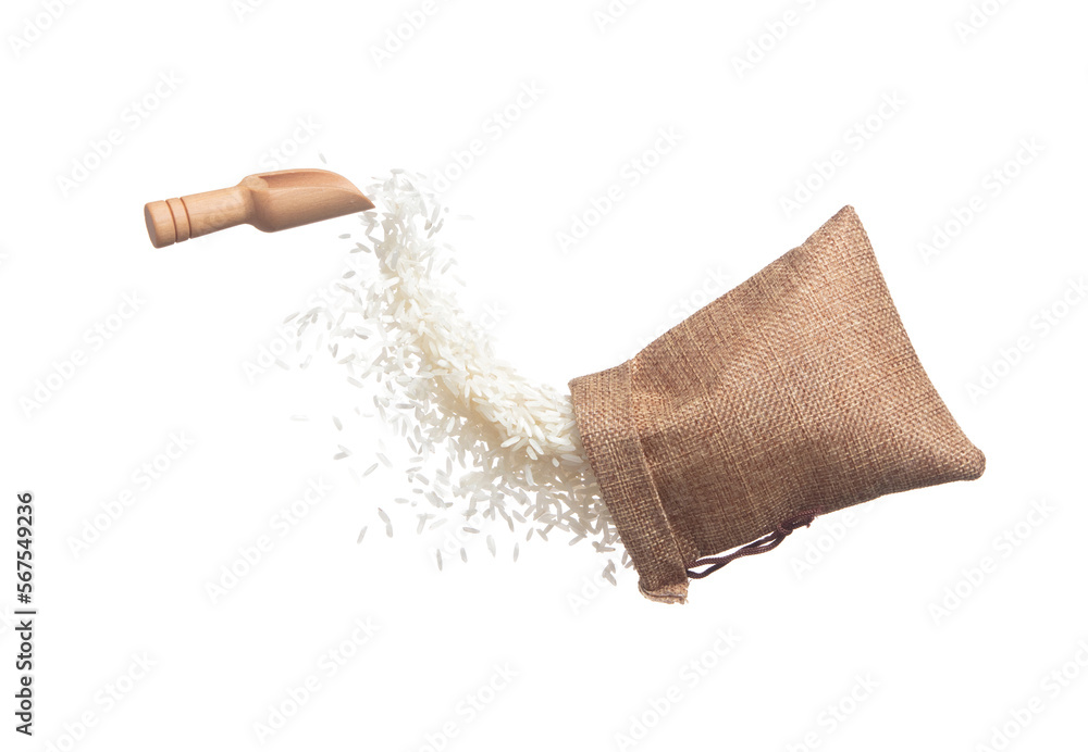 Japanese Rice in sack bag flying explosion, white grain rices fall ...