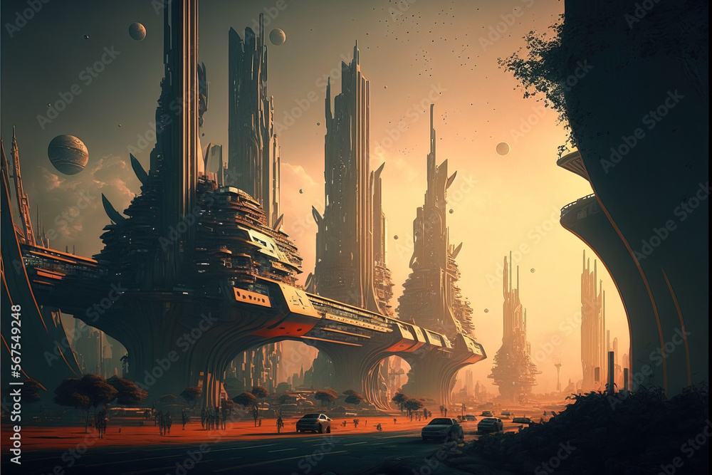Expansive epic landscapes of a dark orange and light cyan futuristic ...